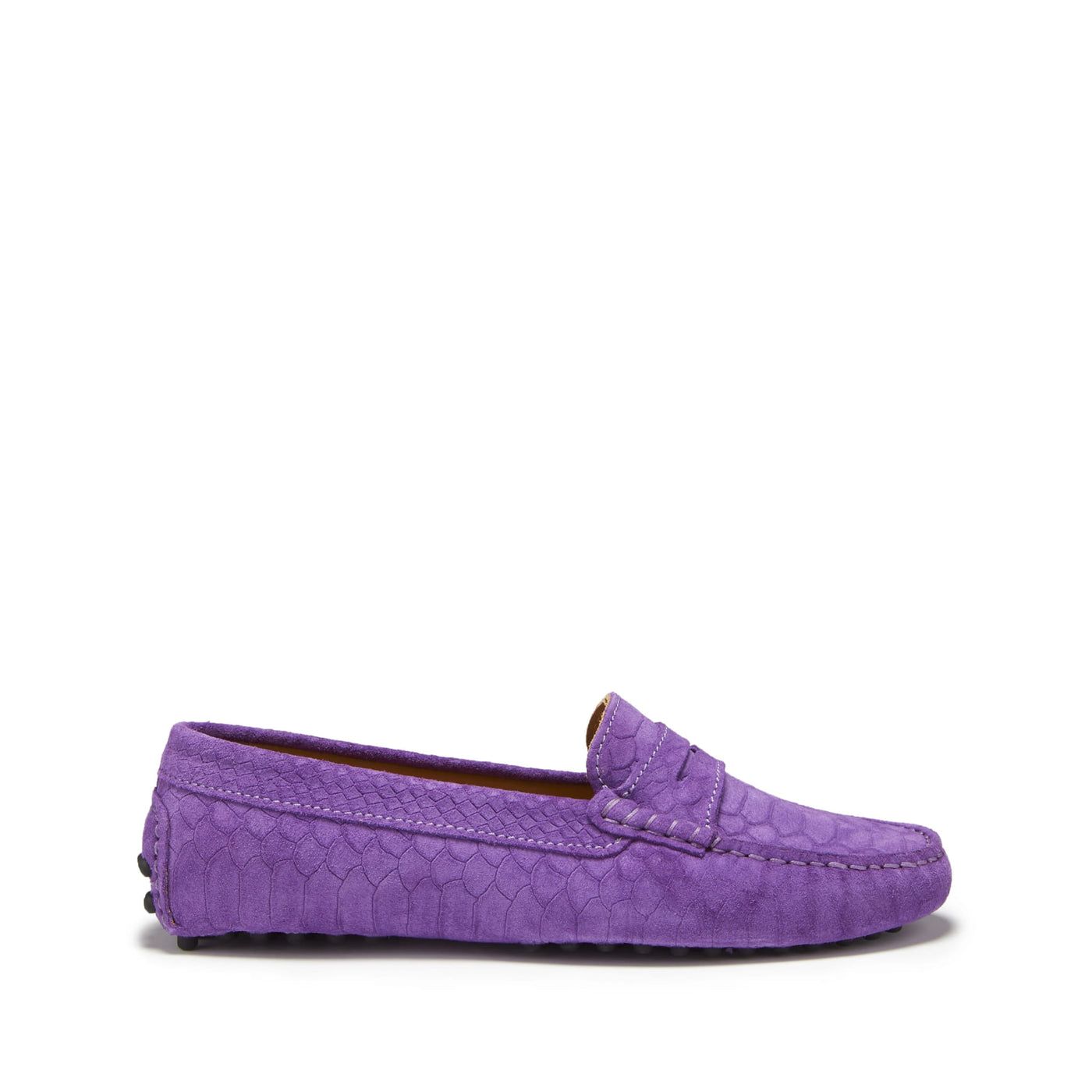 Women's Penny Driving Loafers, purple embossed suede - Hugs & Co.