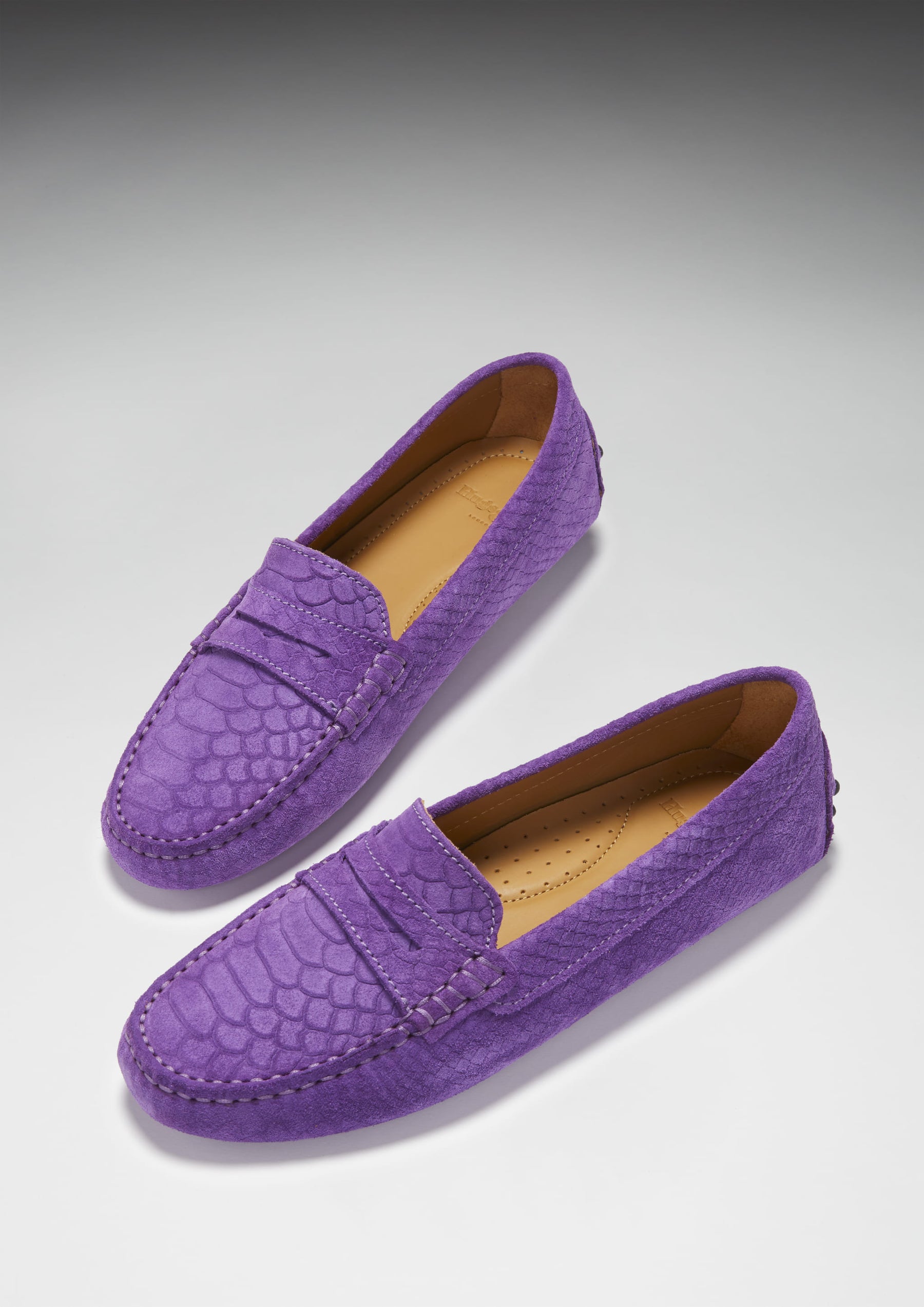 Women's Penny Driving Loafers, purple embossed suede - Hugs & Co.