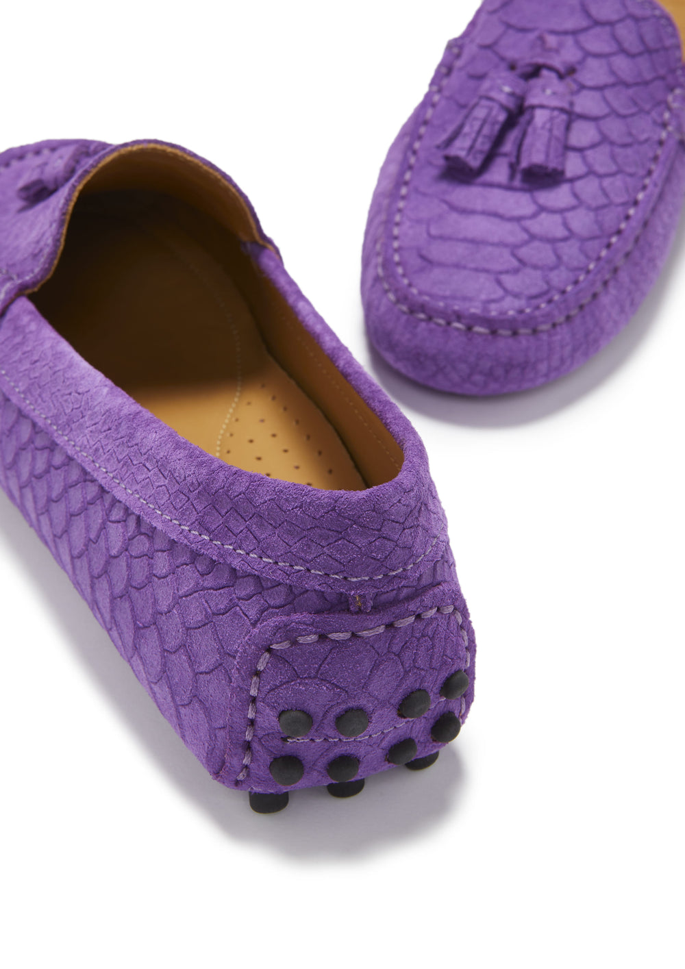 Women's Tasselled Driving Loafers, purple embossed suede - Hugs & Co.