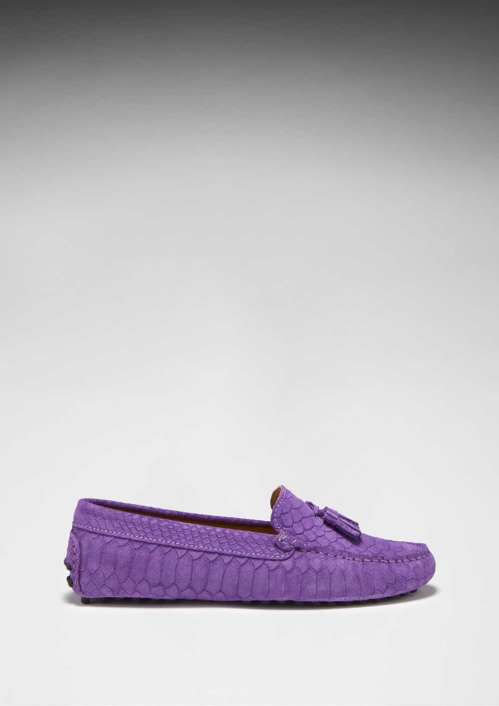 Women's Tasselled Driving Loafers, purple embossed suede - Hugs & Co.